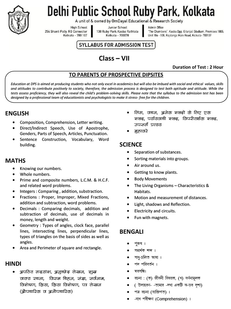 Syllabus for Assessment - Delhi Public School Ruby Park, Kolkata