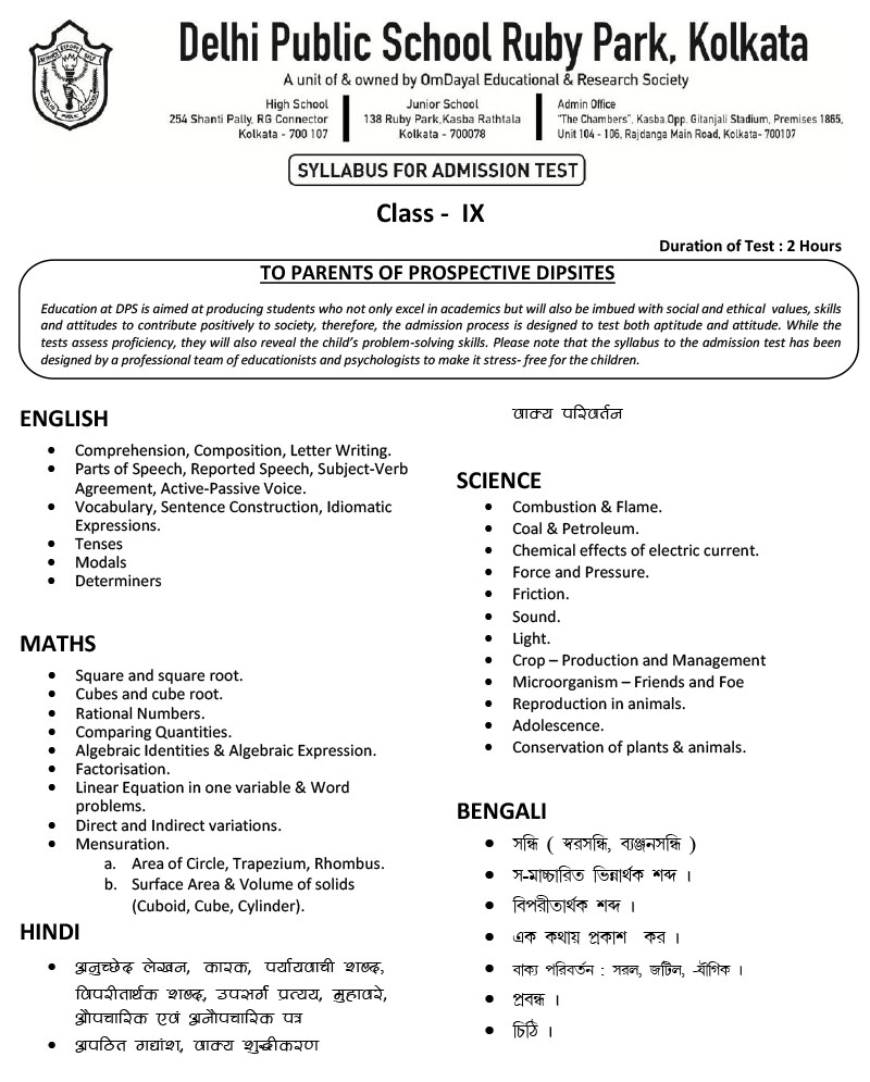 Syllabus for Assessment - Delhi Public School Ruby Park, Kolkata